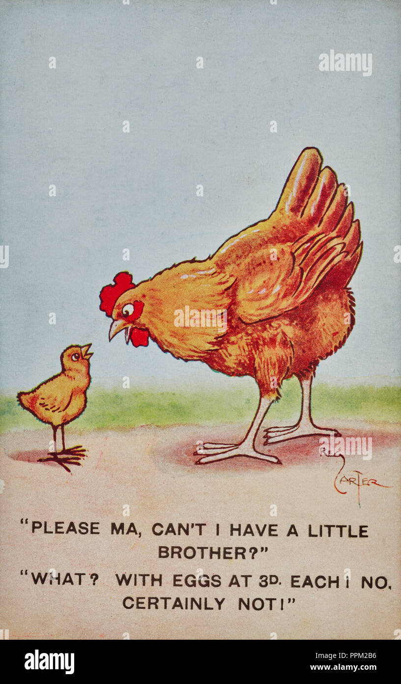 Reg Carter WW1 postcard image of chick asking mother hen for a brother ...