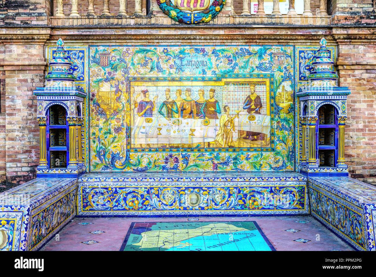 Traditional Spanish tile ornament at a public square Plaza de Espana in ...