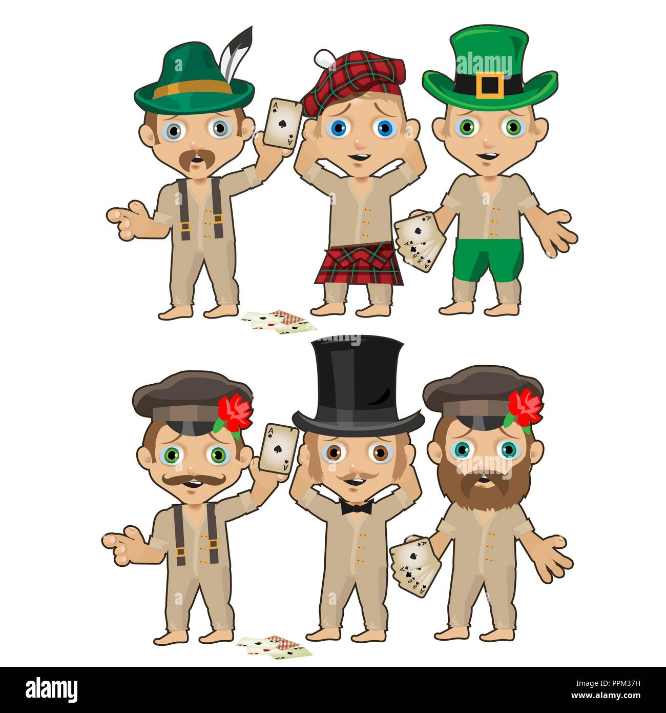 Set of young men in various hats isolated on white background. Vector ...