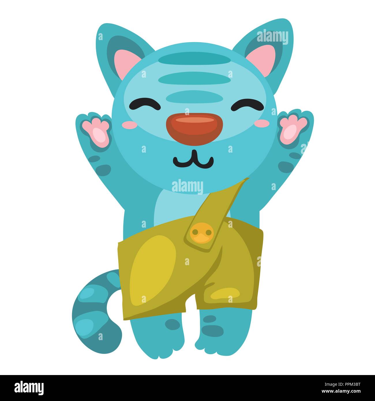 Cute kitty welcomes waving isolated on white background. Vector cartoon ...