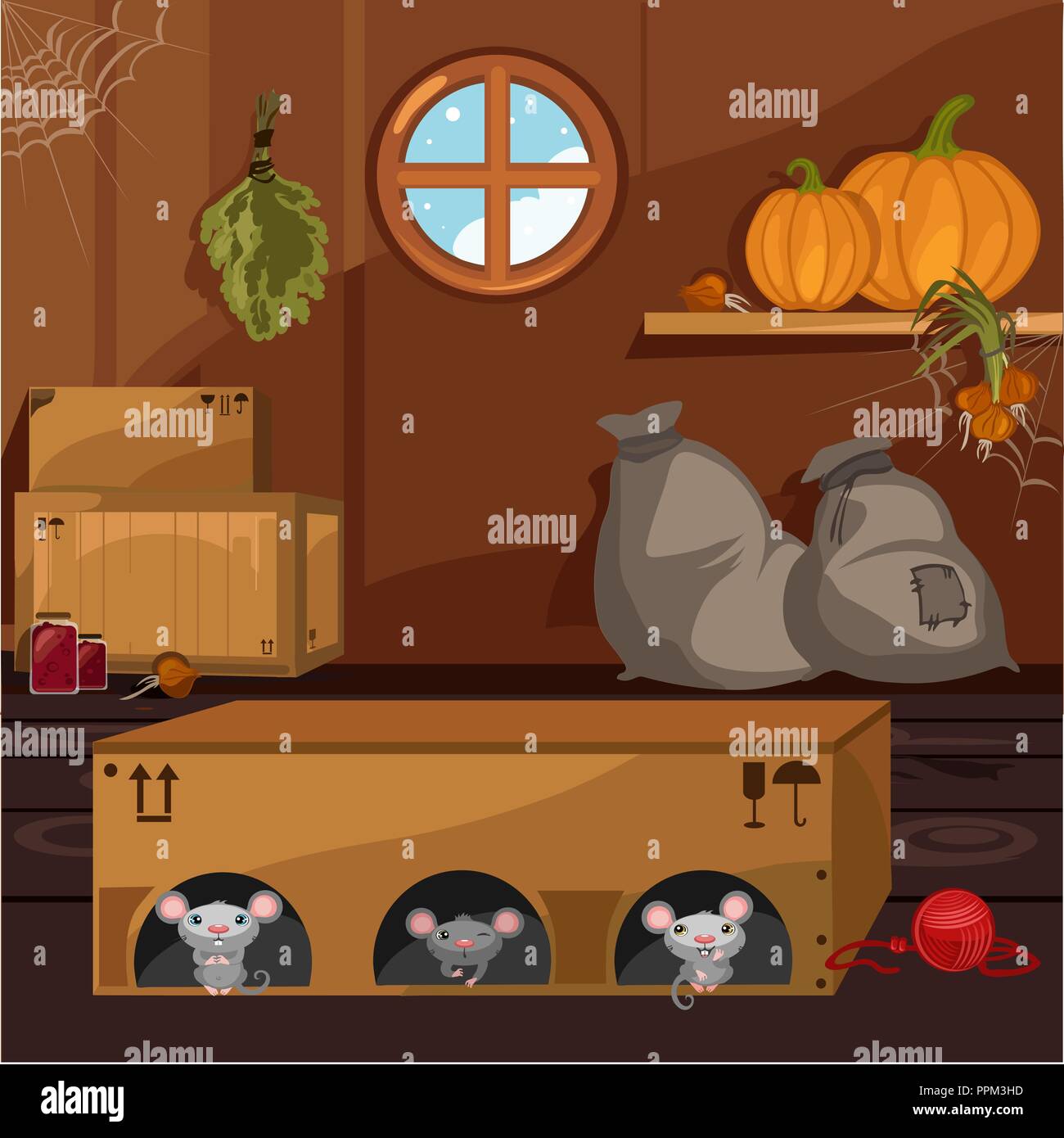 Inside the old farmhouse. The home furnishings. Mouse in a box arranged ...