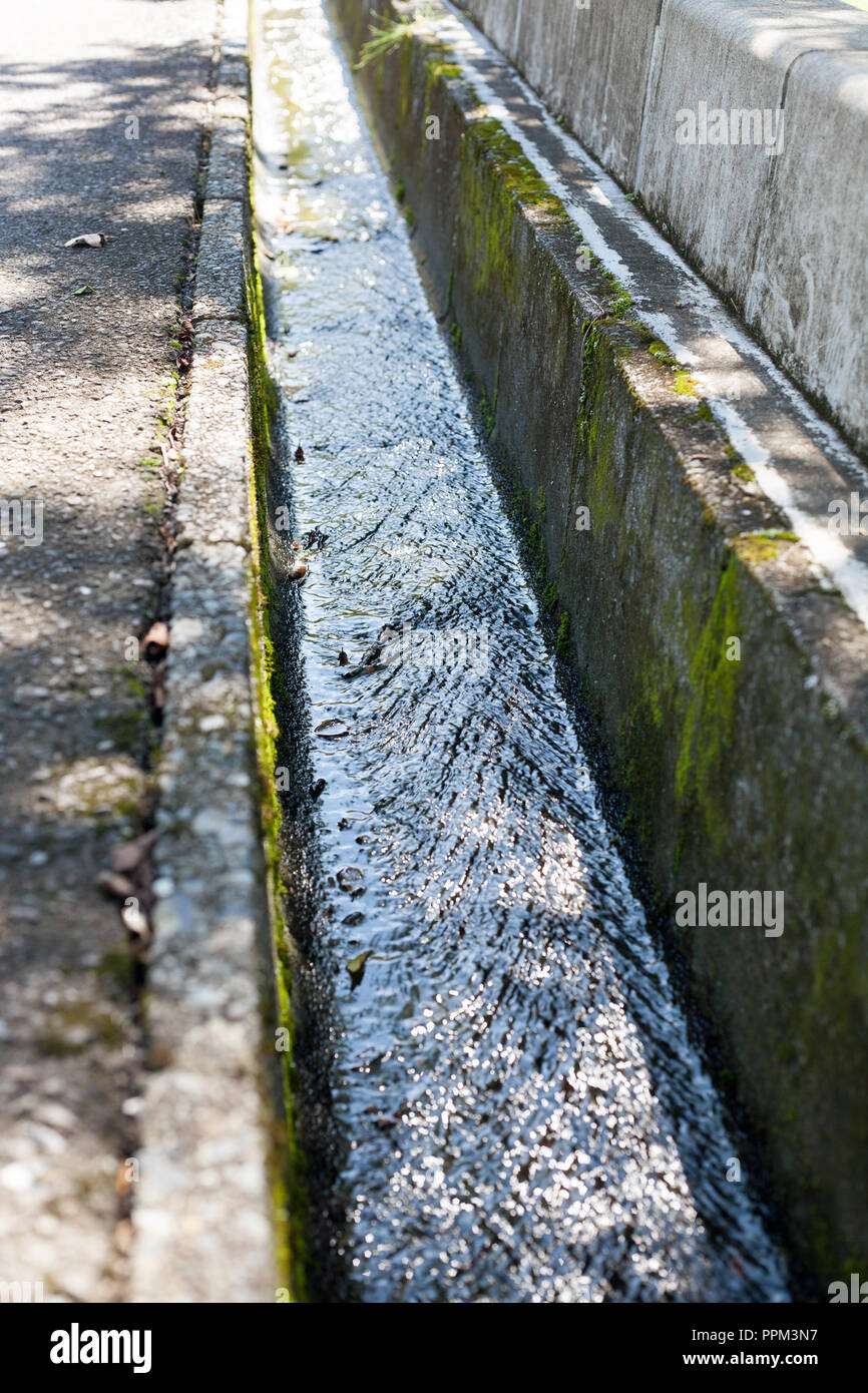 Clean water streaming in concreate made small drainage in summer Stock ...
