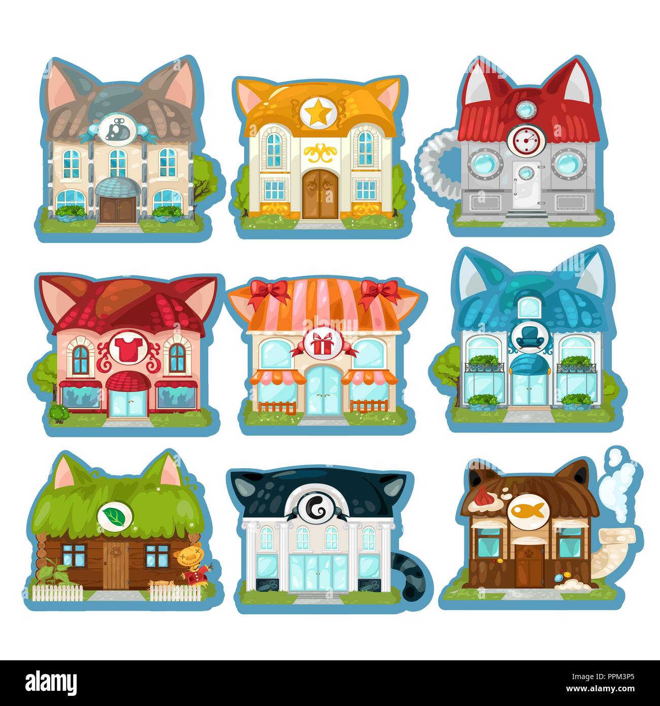 Set of cute colorful houses in the style of cats isolated on white ...