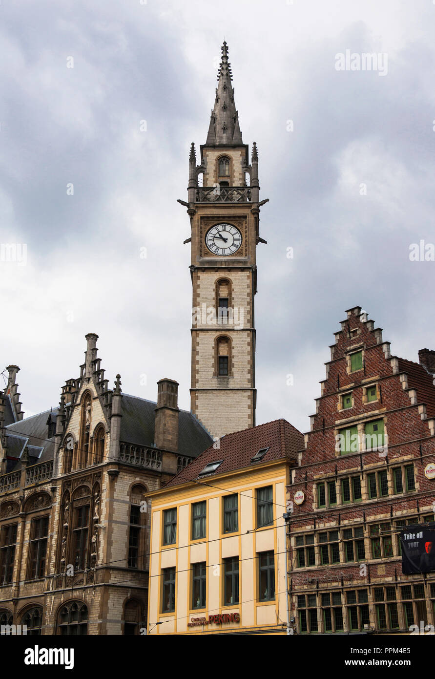 Clock Tower located near the riverfront in Ghent, Belgium Stock Photo ...