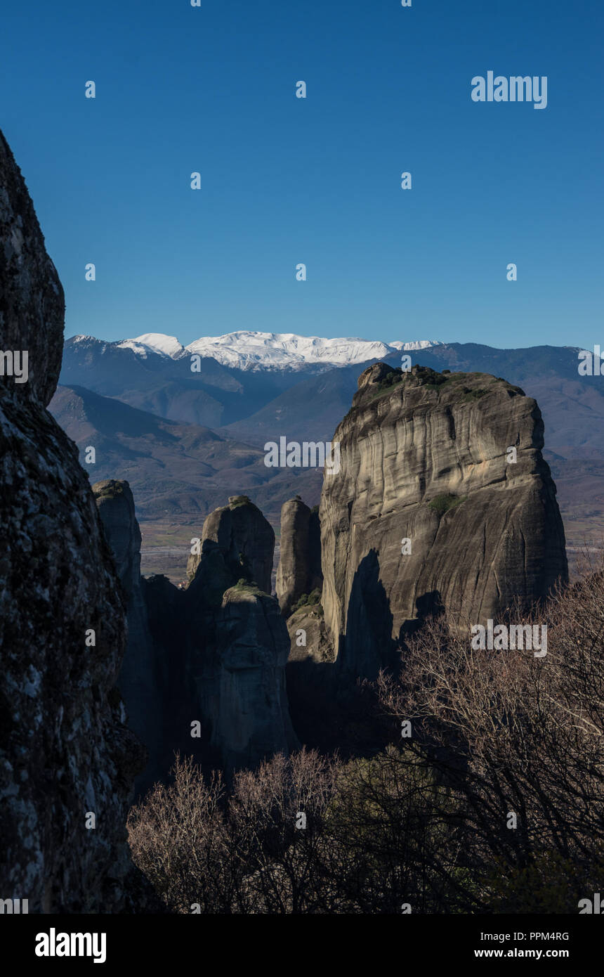 Landscape near Kalambaka town with Pindus mountains at background. Area ...