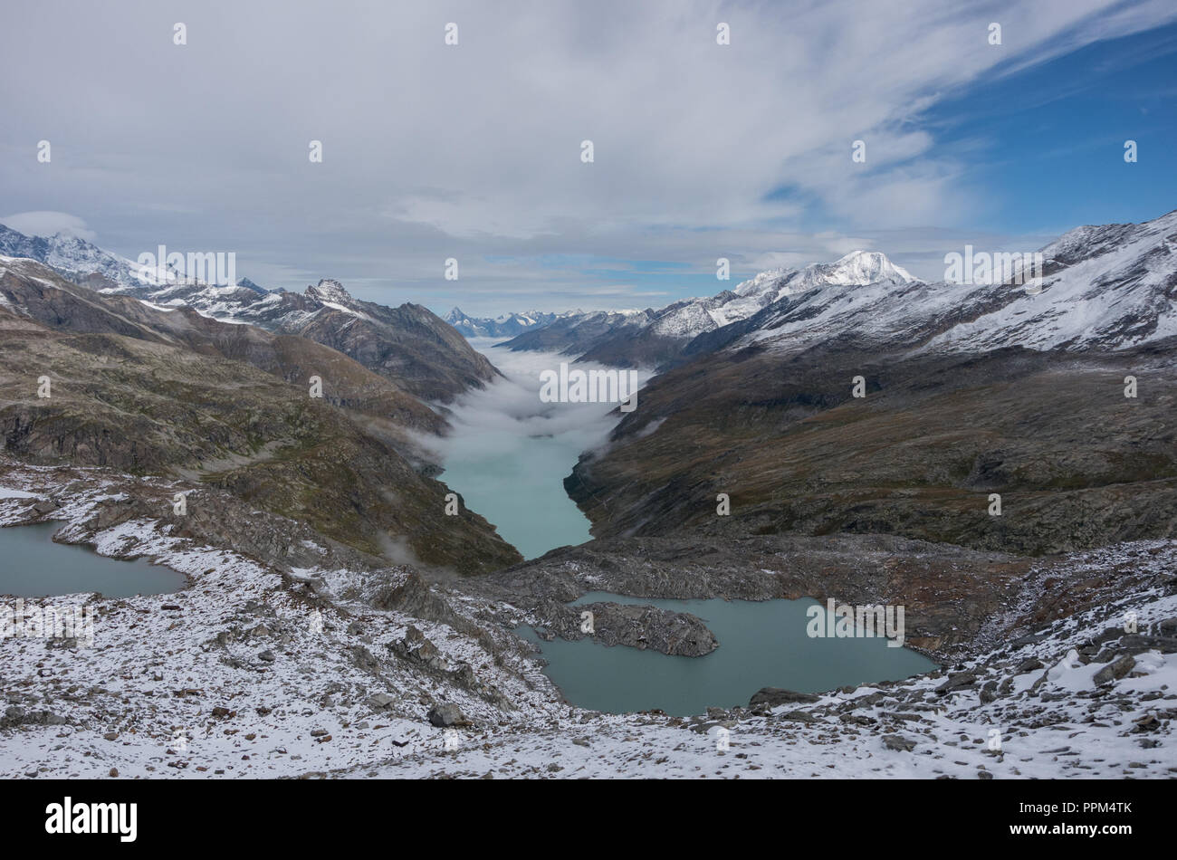 View to Stausee lake near Saas Fee in the southern Swiss Alps from ...