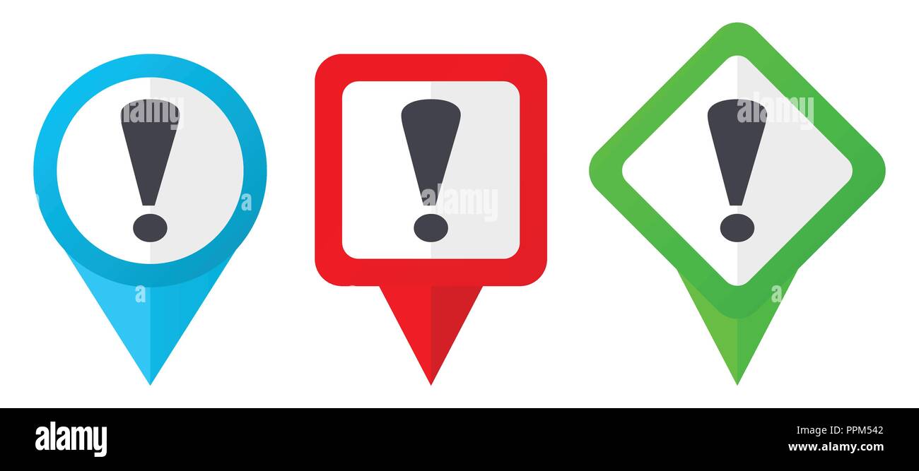Exclamation sign red, blue and green vector pointers icons. Set of ...