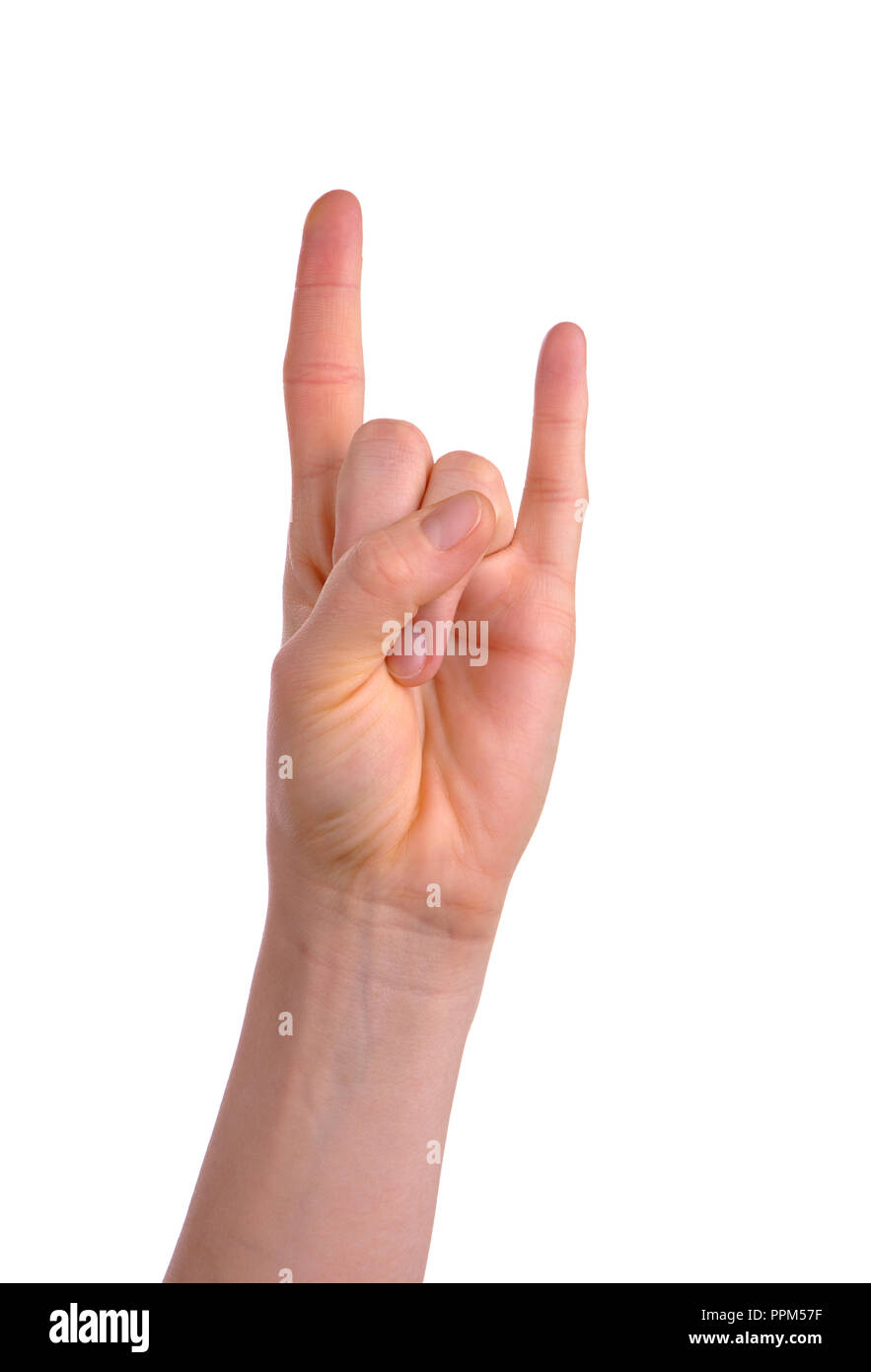 woman's hand showing Sign of the horns isolated over white background ...