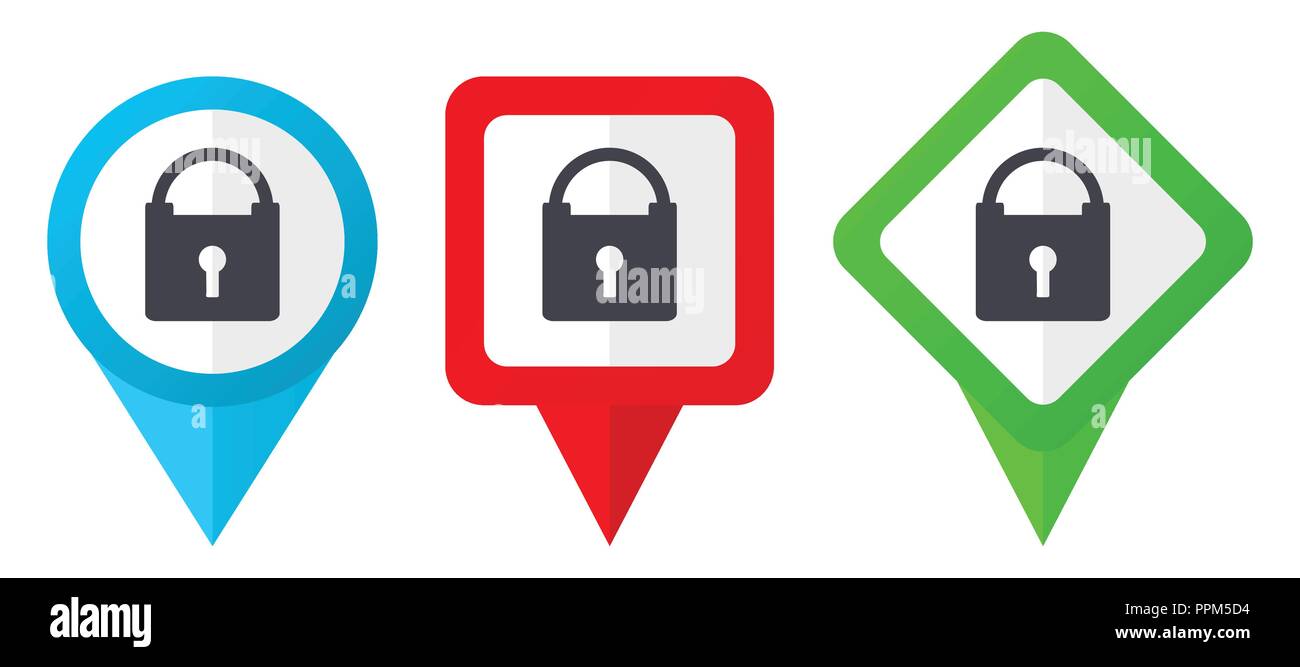 Padlock red, blue and green vector pointers icons. Set of colorful ...