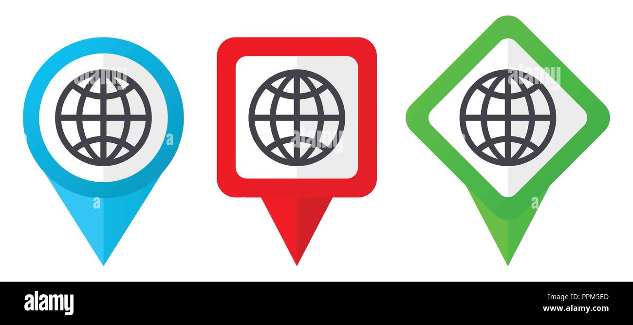 Globe red, blue and green vector pointers icons. Set of colorful ...