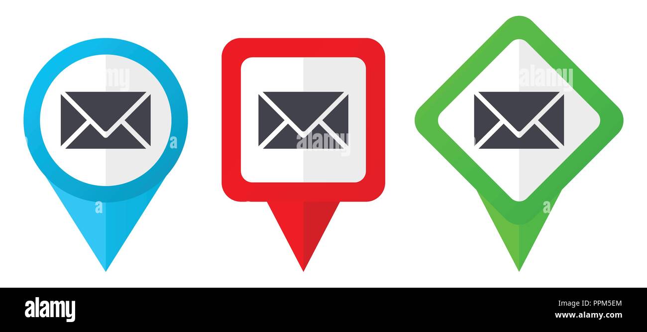 Email red, blue and green vector pointers icons. Set of colorful ...