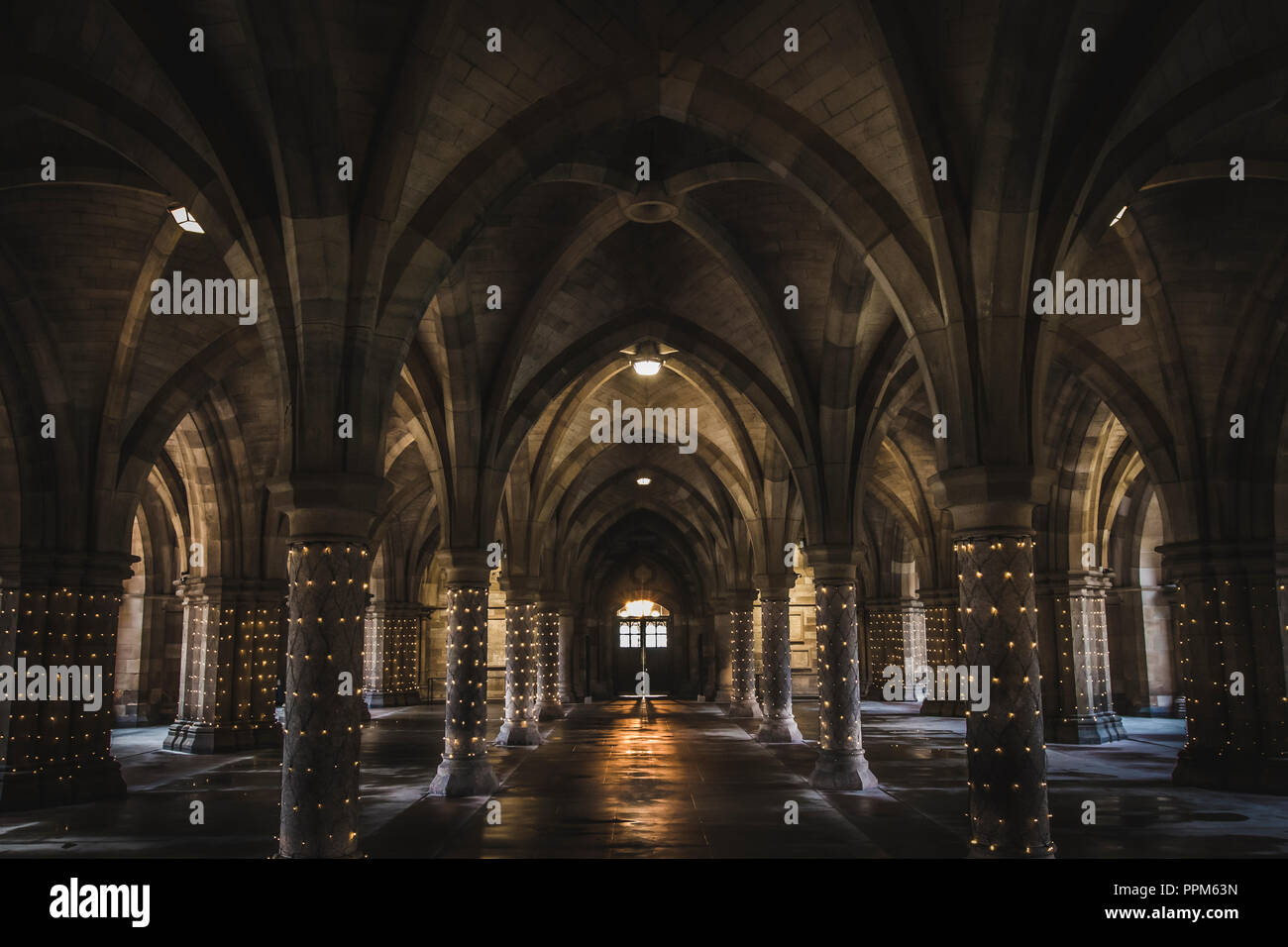 The undercroft also called the Cloisters at Glasgow University lit up ...