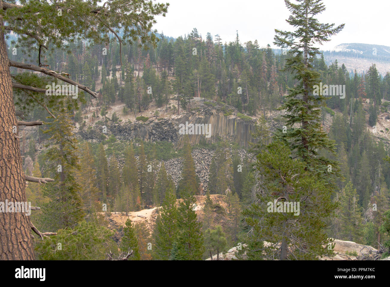 View of Devil's Postpile National Monument, through a smoky haze ...