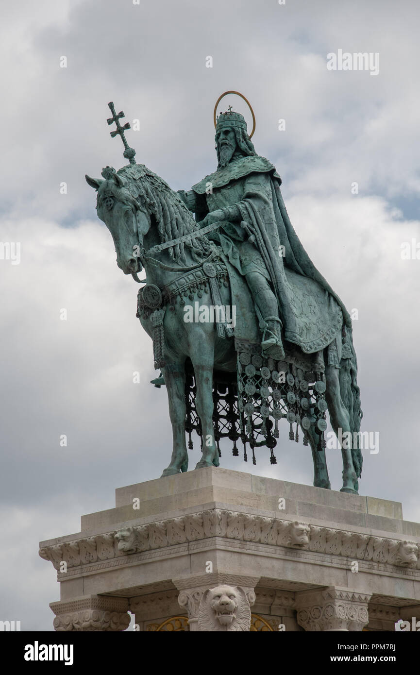 Bronze equestrian statue of King Stephen I of Hungary in Buda Castle ...