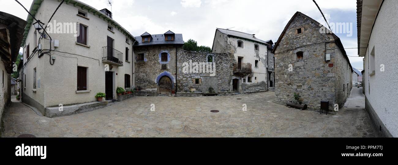 Plaza Mayor, a traditional stone made square in Piedrafita de Jaca town ...