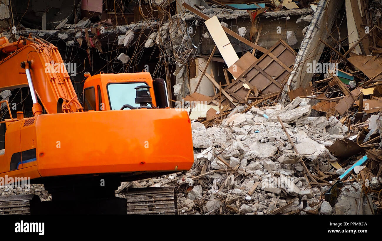Destroyed building industrial. Building demolition by explosion ...