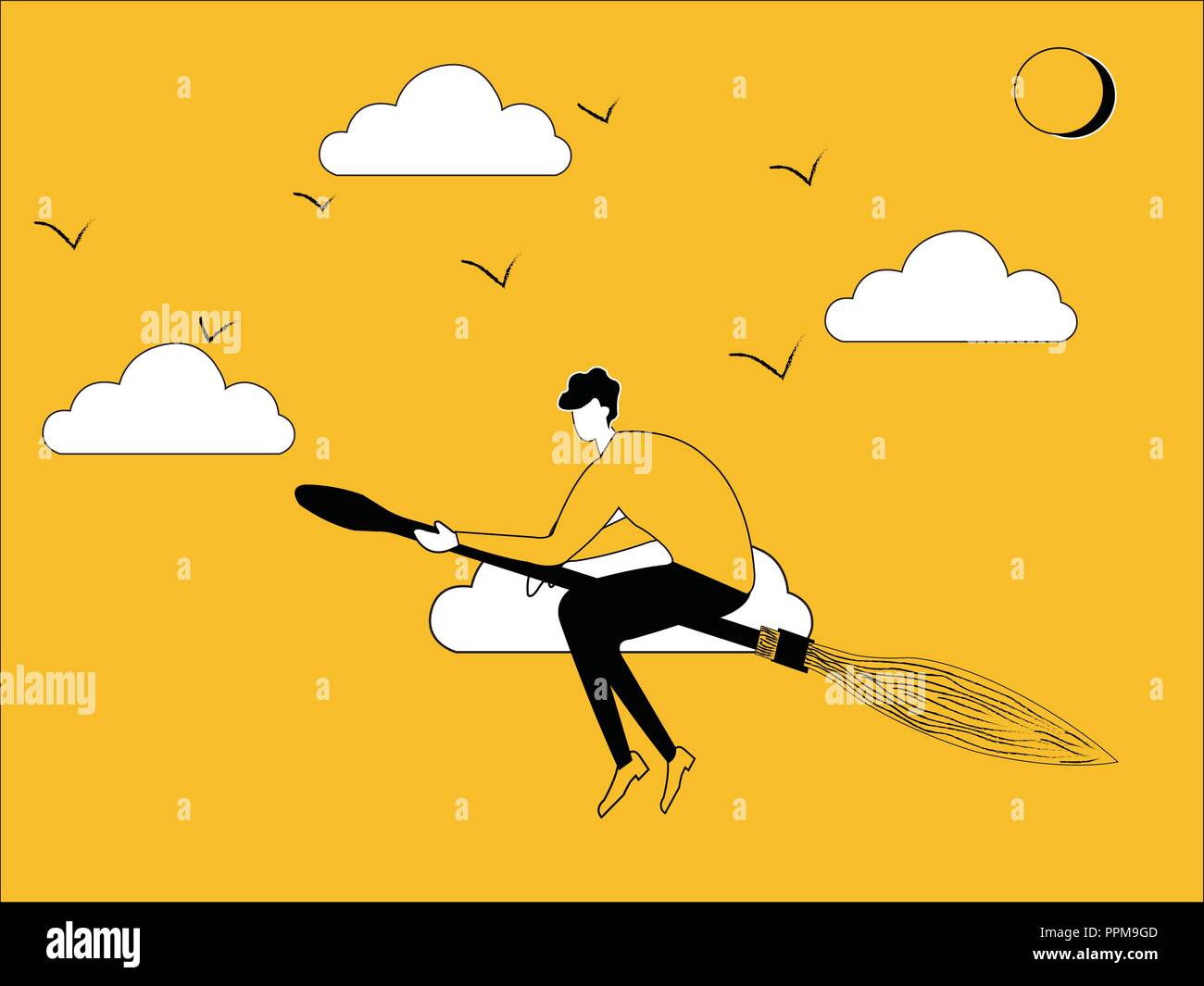Male Character with Broom Stick flying on sky among the cloud and sun ...