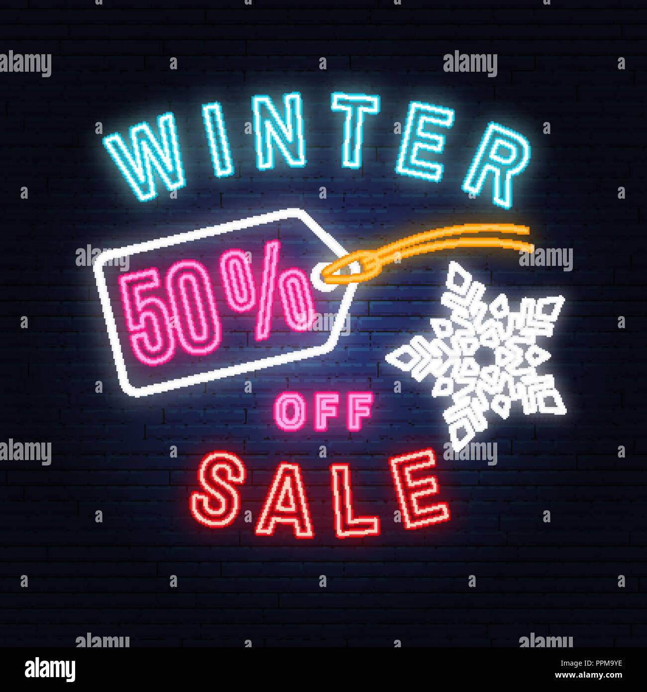 Winter sale neon sign with christmas tag hanging. Vector illustration ...