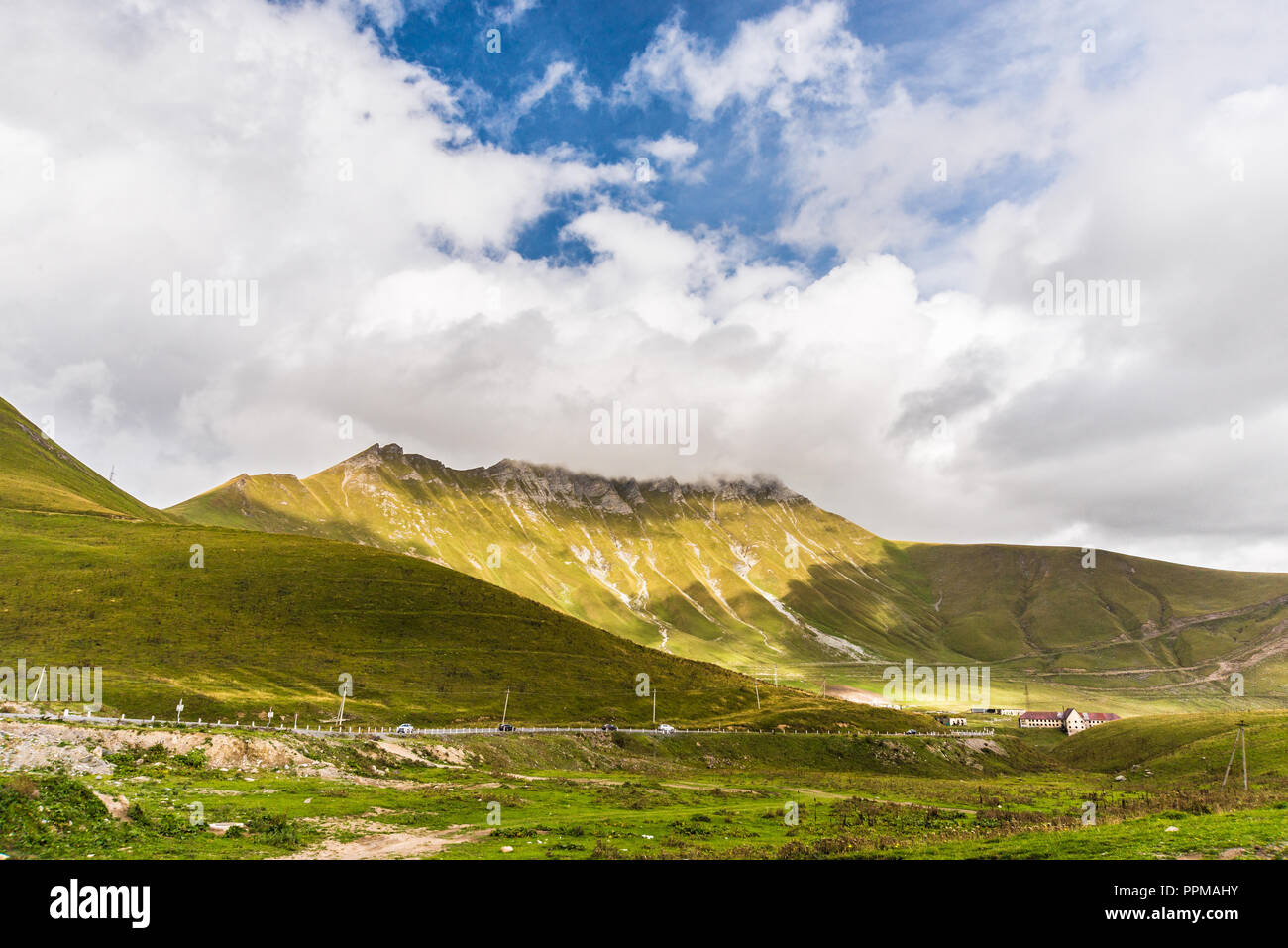 Beautiful landscapes with high mountains of Georgia. Bluesky, white ...