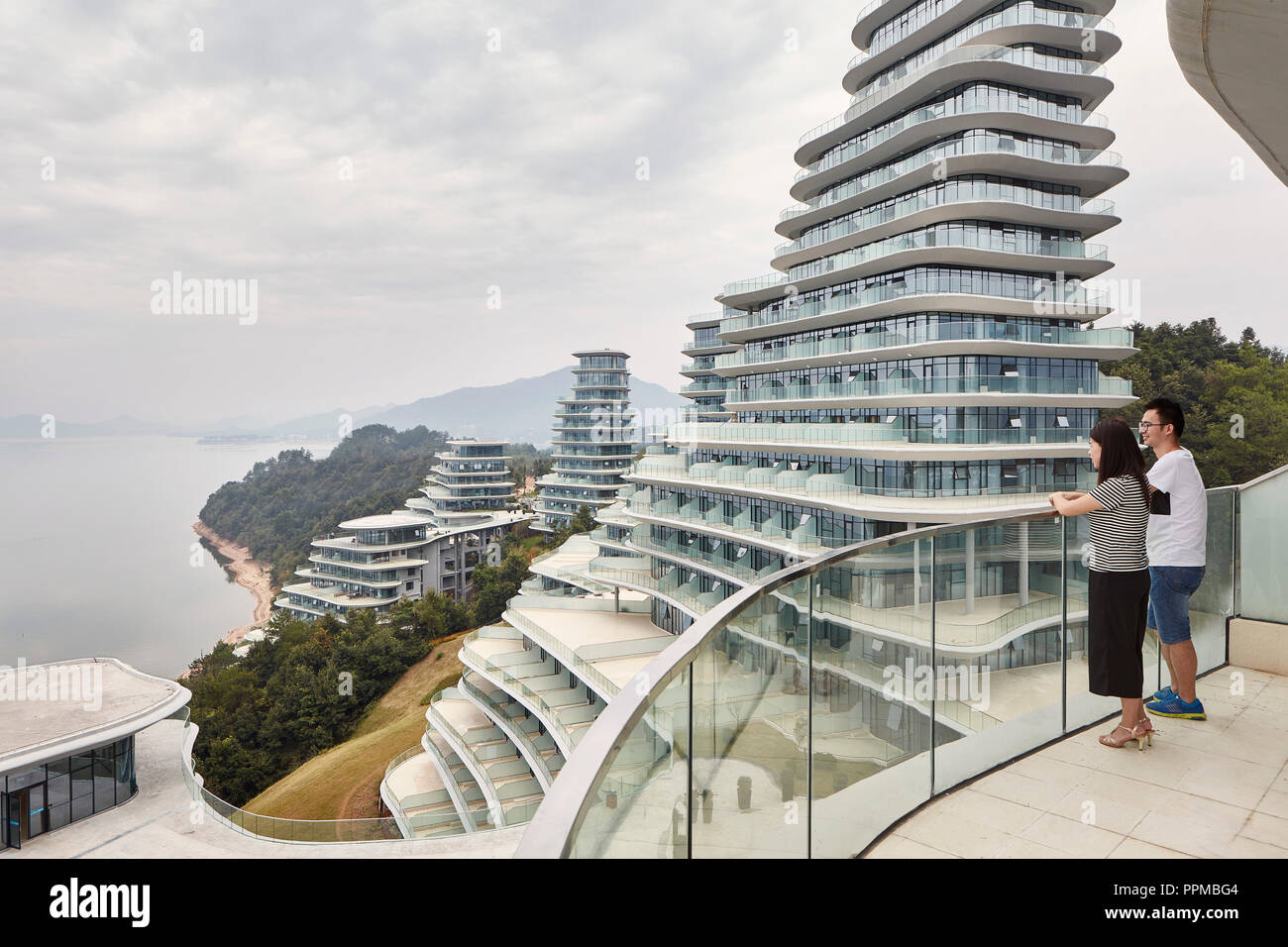 View across Taiping Lake from exterior balcony. Huangshan Village ...