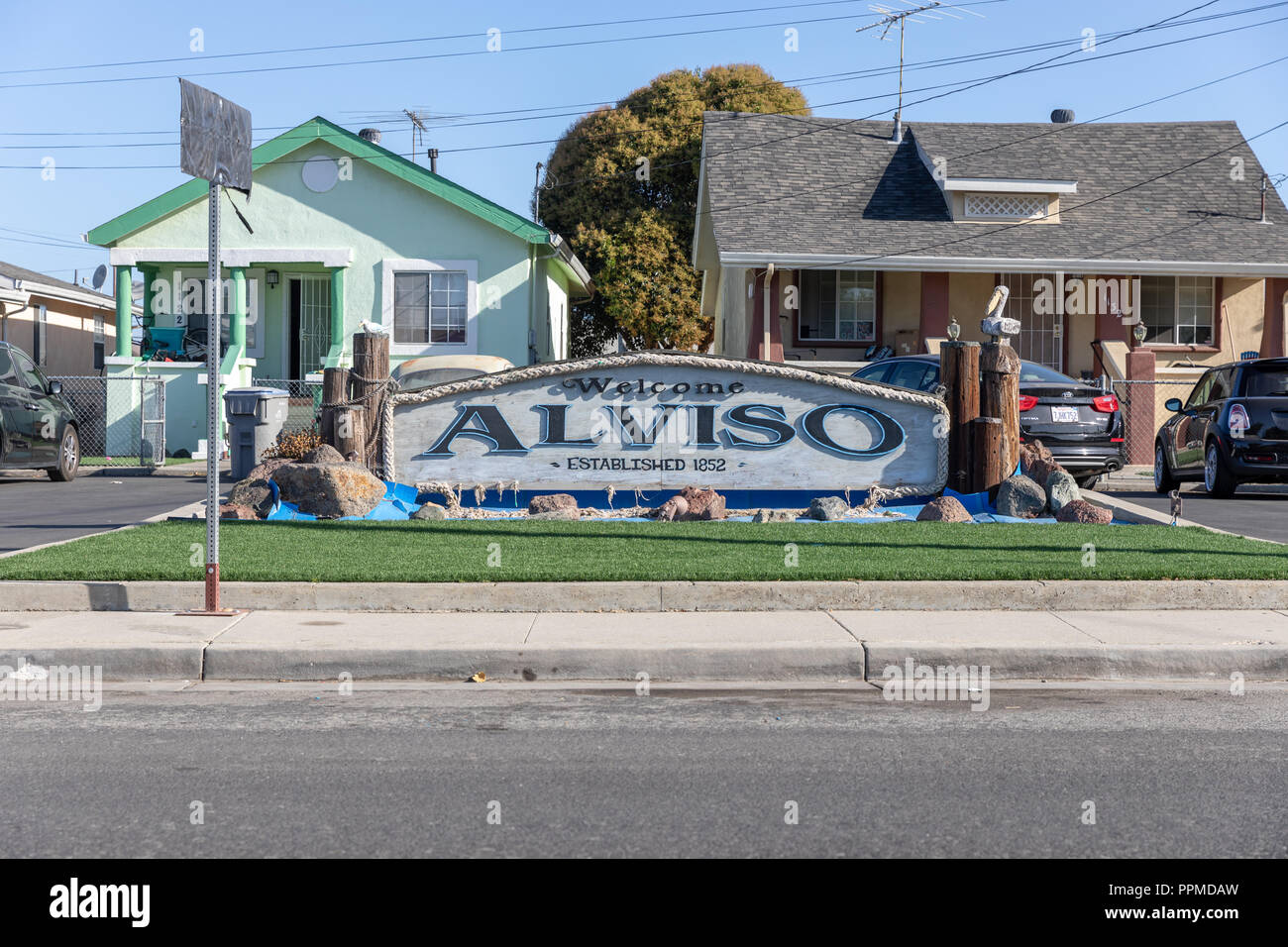 Welcome – Alviso – Established 1852, sign in front of residential houses; Alviso, San José ...