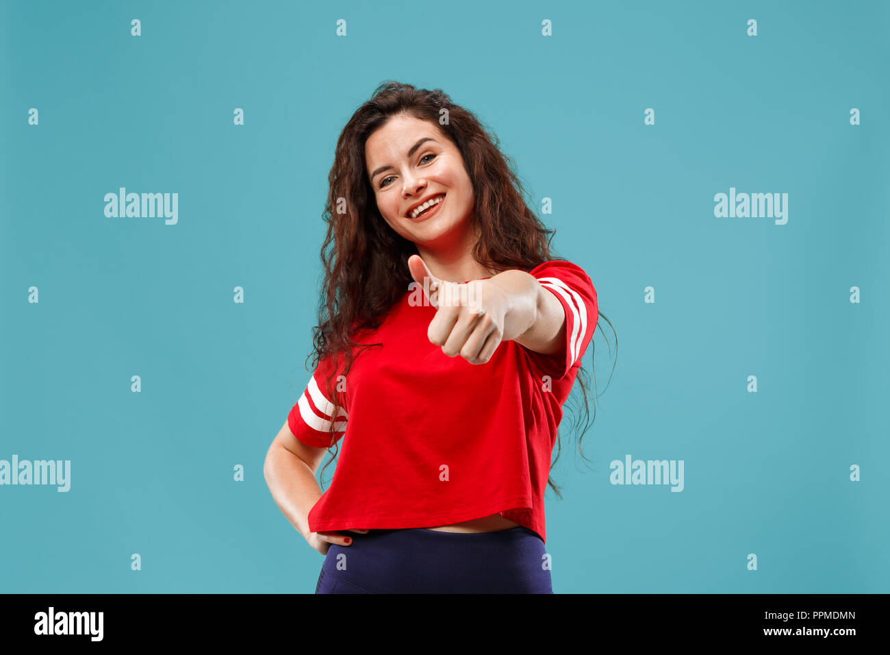 I am ok. Happy business woman, sign ok, smiling, isolated on trendy ...