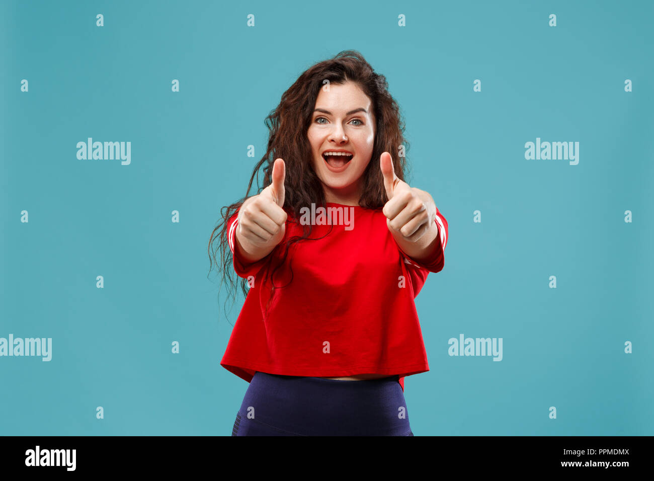 I am ok. Happy business woman, sign ok, smiling, isolated on trendy ...