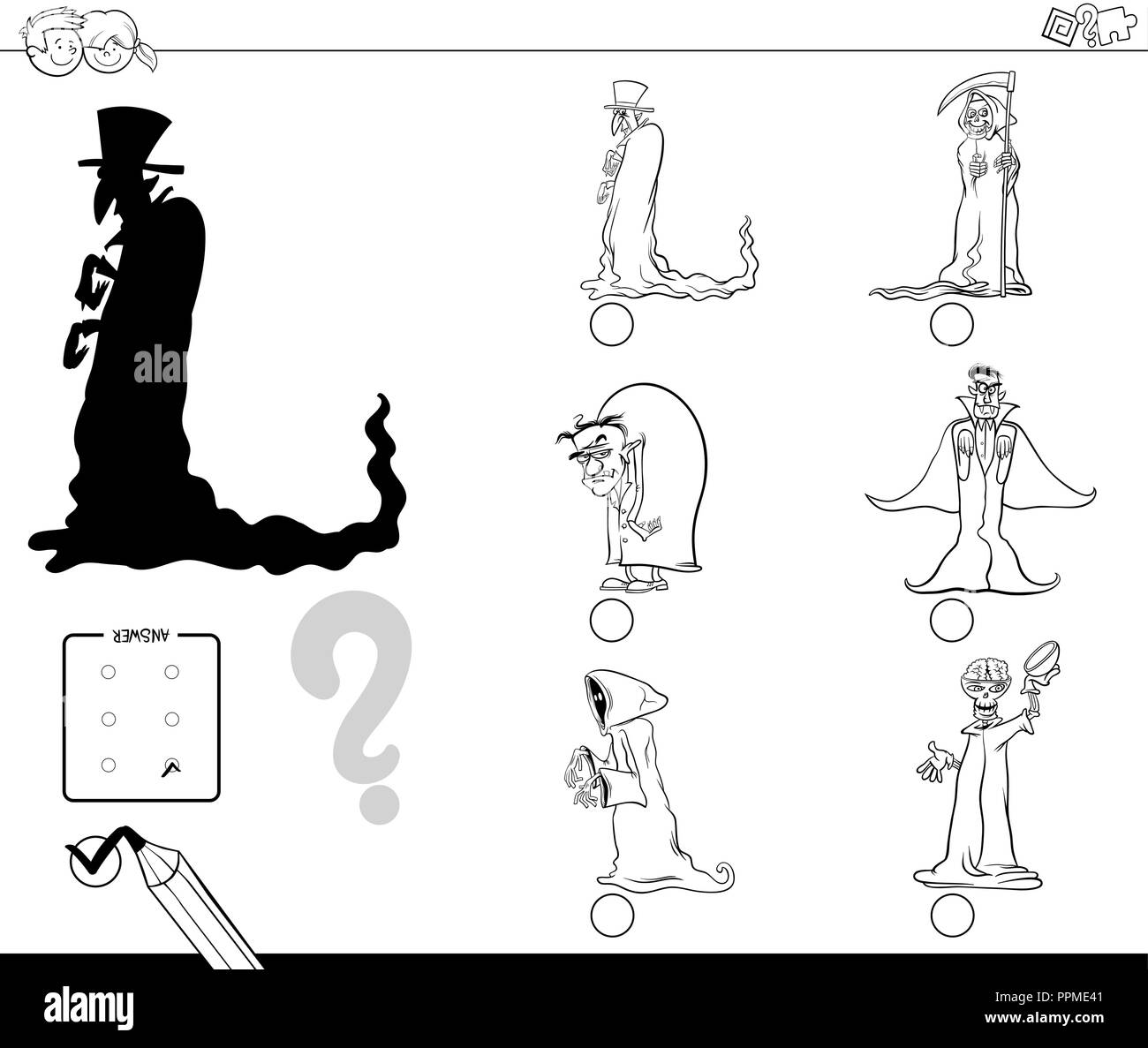 Black and White Cartoon Illustration of Finding the Right Shadow ...