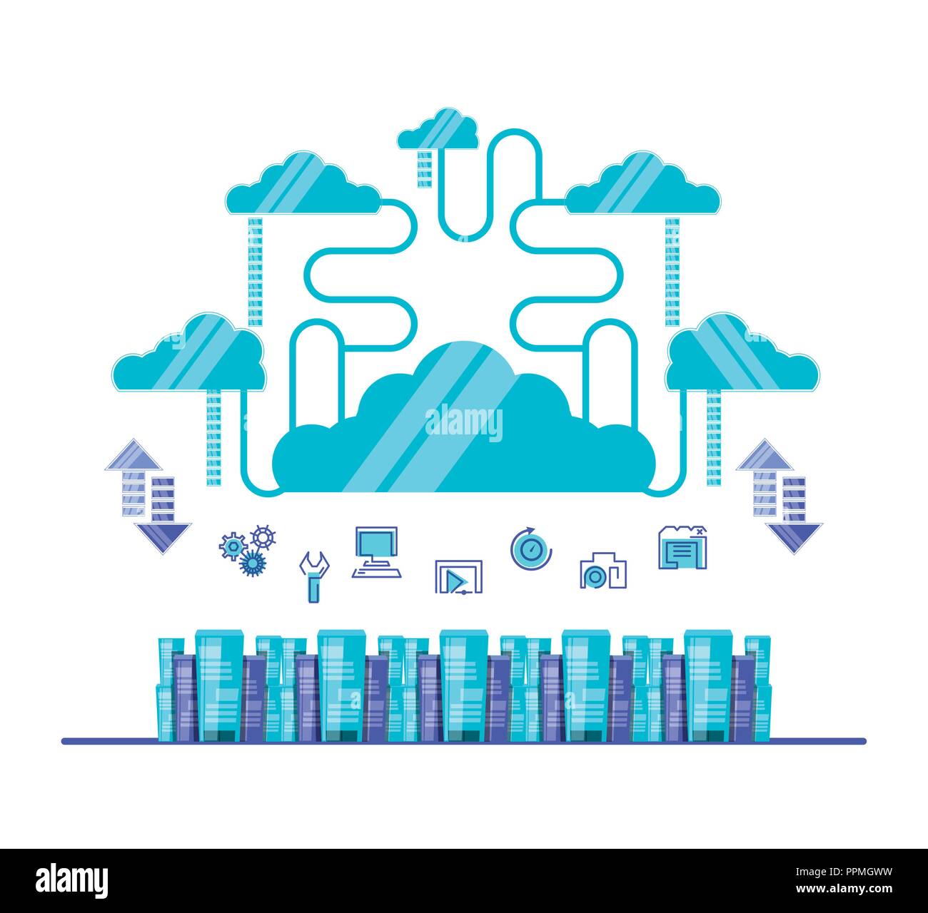 cloud computing network with servers towers vector illustration design ...