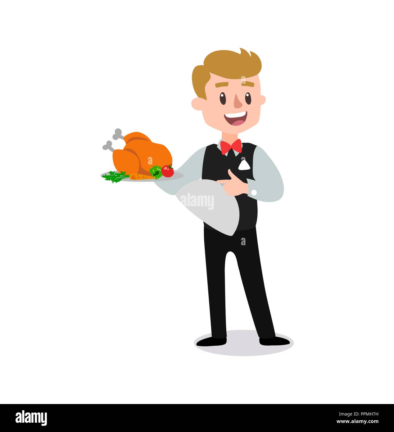 waiter wearing the uniform holding a dish of chicken cartoon character ...