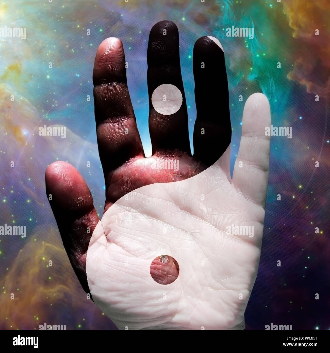 Palm Hand with Yin Yang Sign in Vivid Space Stock Photo - Alamy