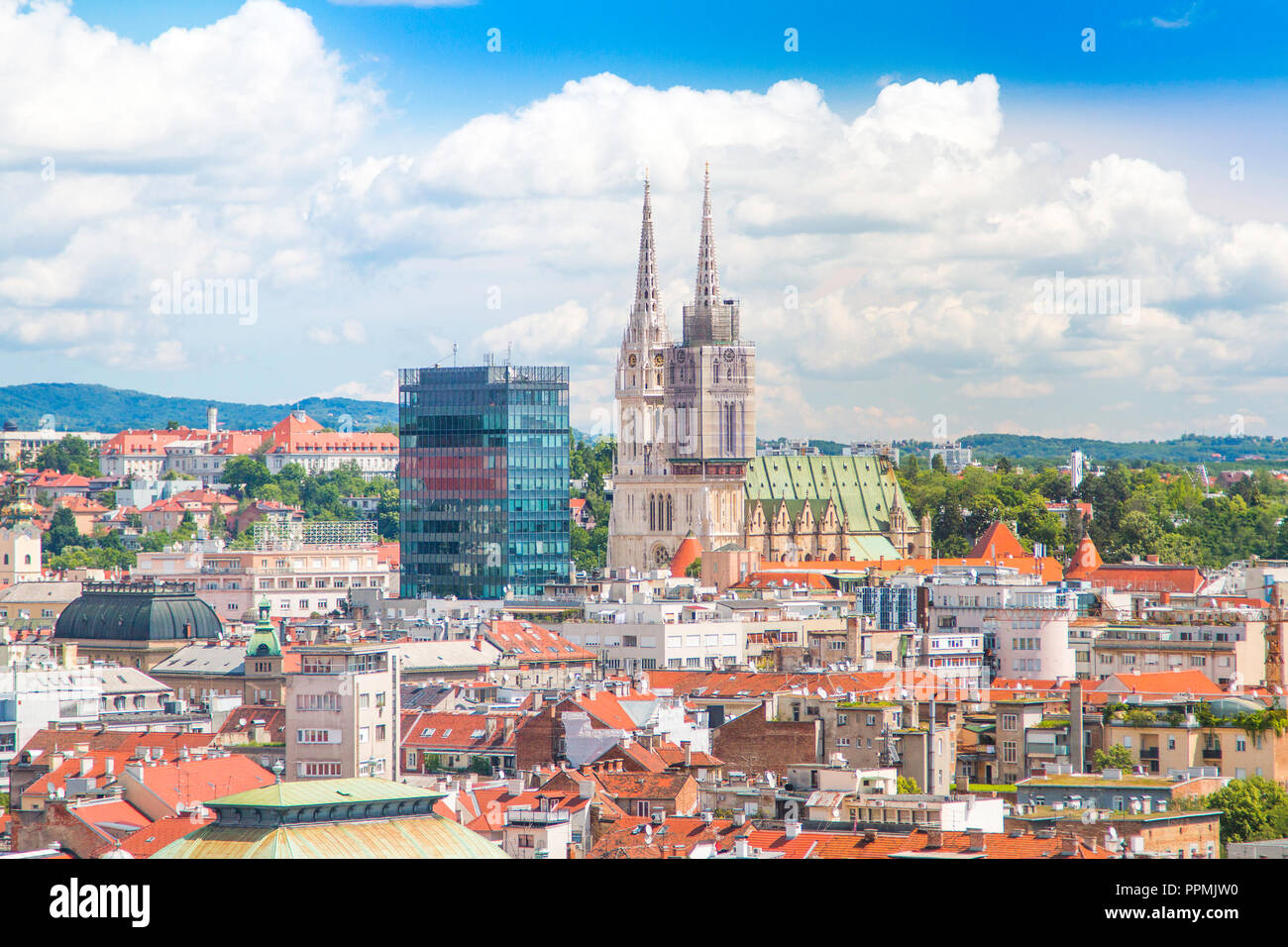Panoramic view on rooftops in Zagreb center and catholic cathedral ...