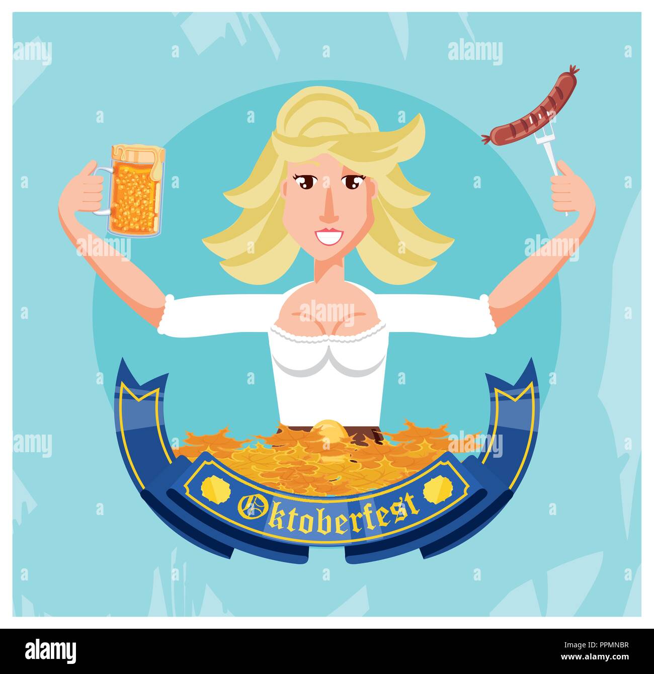 german woman with beer and sausage oktoberfest celebration vector ...