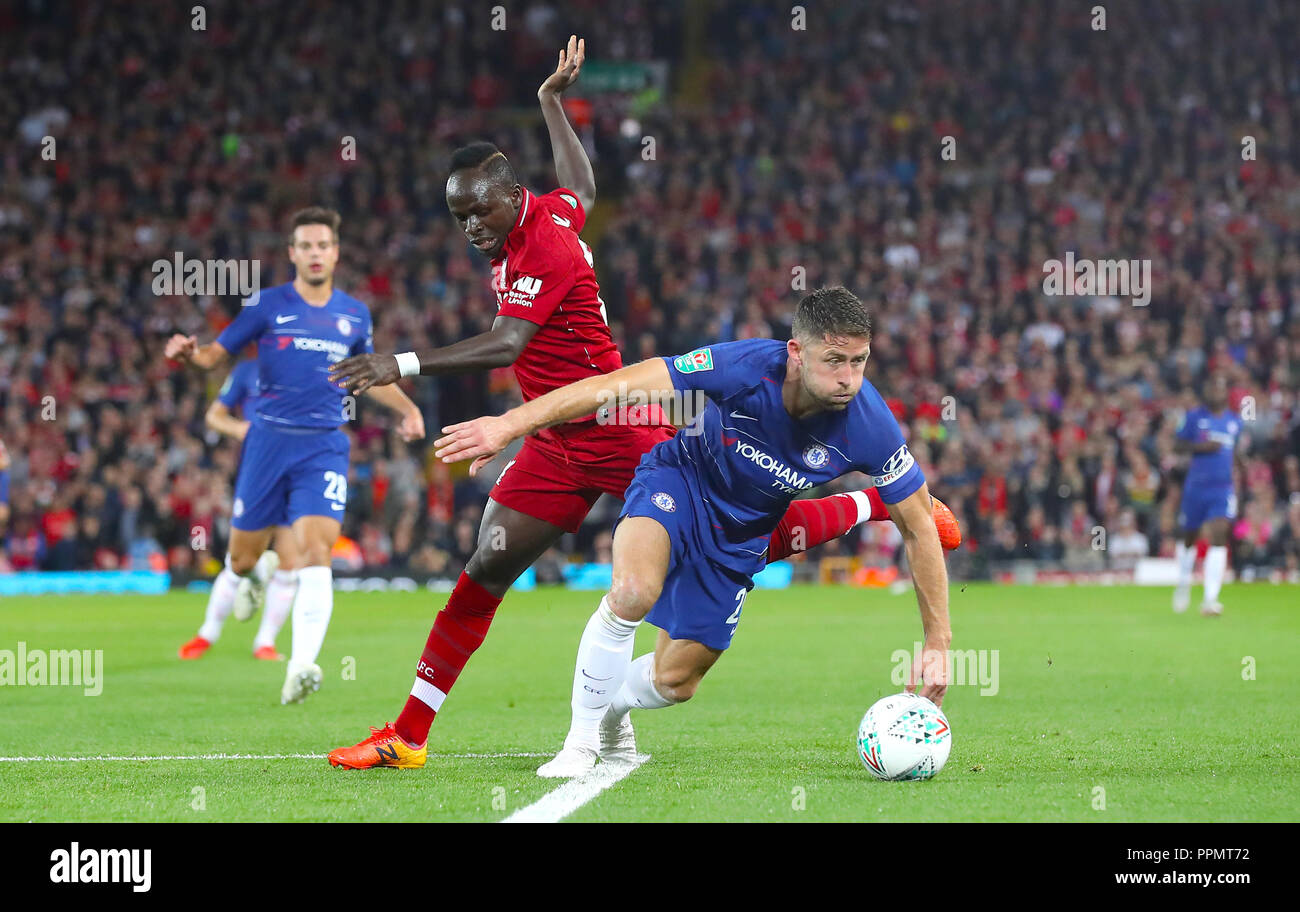 Liverpool's Sadio Mane (left) and Chelsea's Gary Cahill battle for the ...