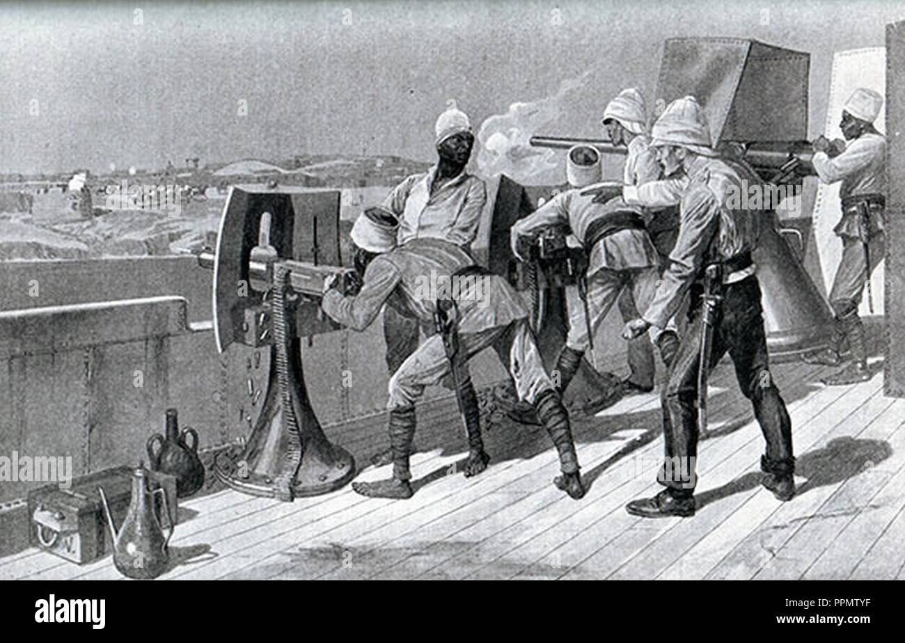 Bombardment of Atbara by one of Kitchener's gunboats Stock Photo - Alamy