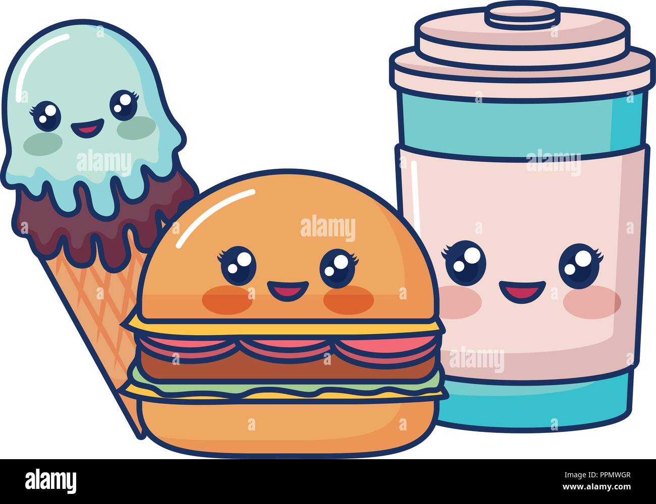 sweet cute ice cream burger and plastic coffee cup vector illustration ...