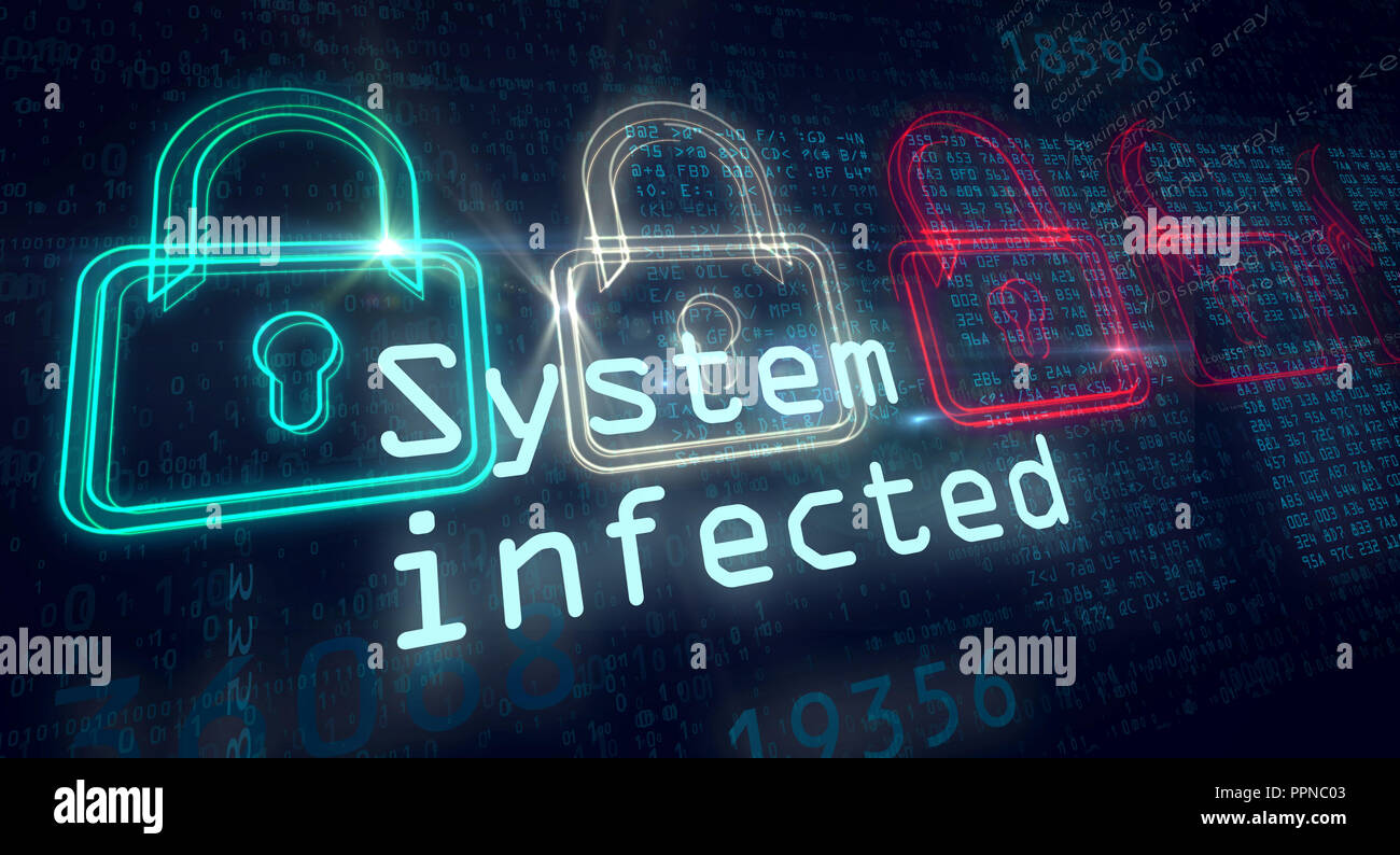 System infected and computer safety. Red and green padlocks on digital ...