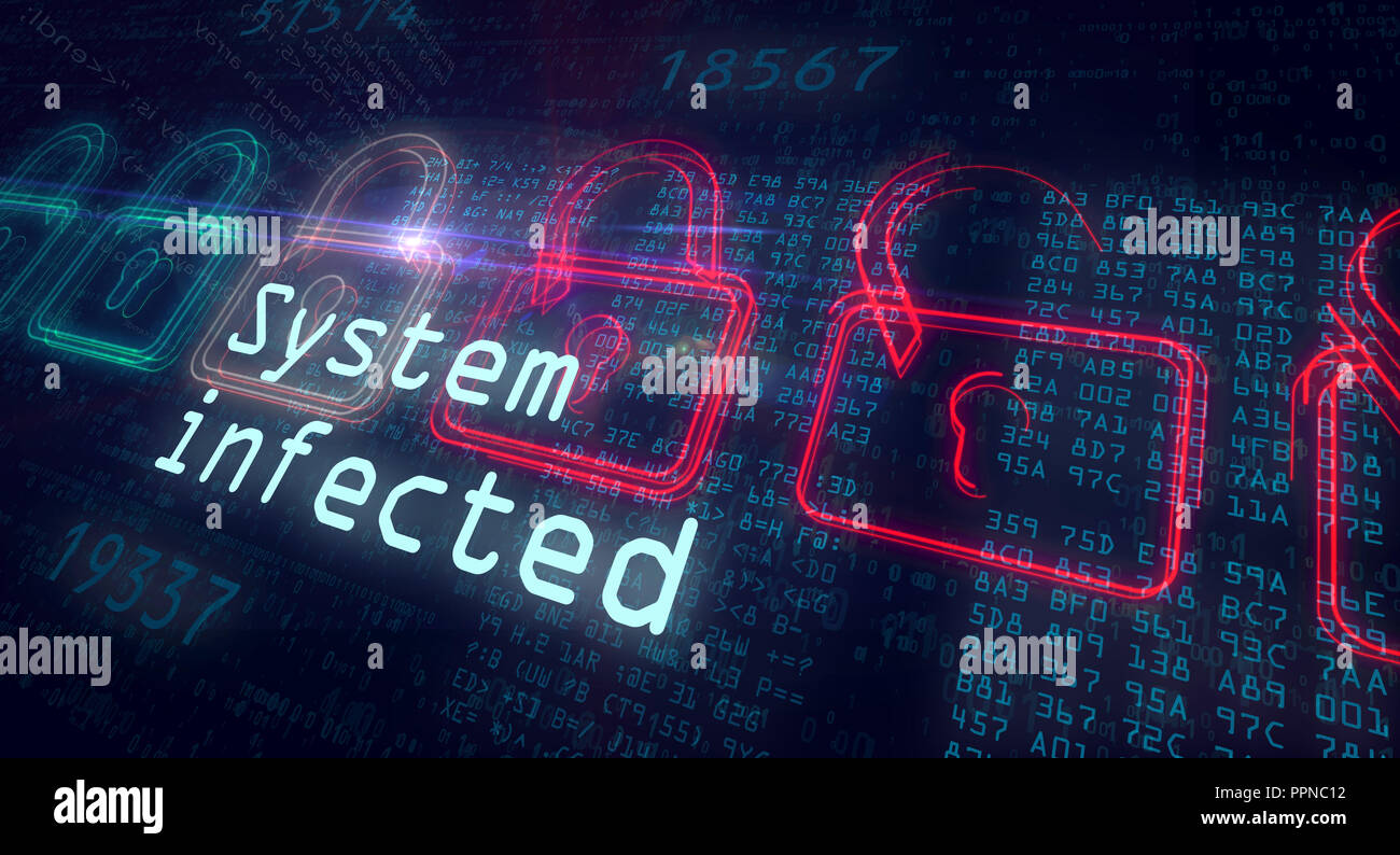 System infected and cyber security concept. Red and green padlocks on ...