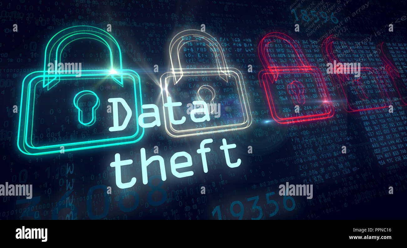 Data theft concept and cyber security. Red and green padlocks on binary ...