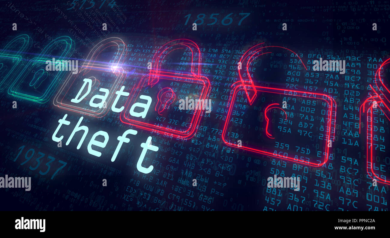 Data theft and cyber security. Red and green padlocks on binary ...