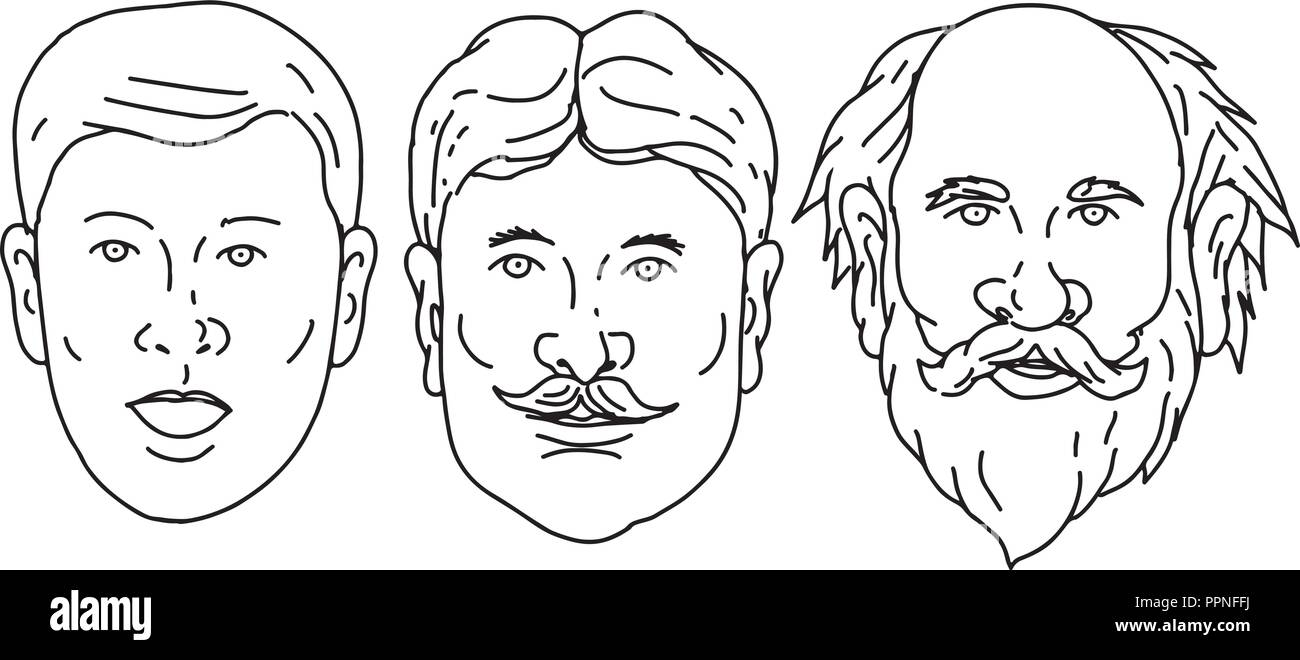 Drawing sketch style illustration of head of a Caucasian male morphing ...