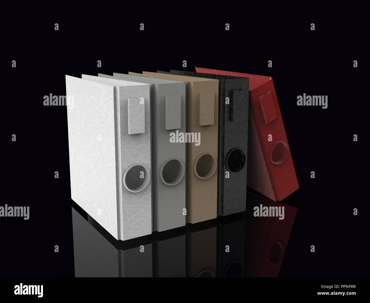 Group of colorful ring binders 3D rendering Isolated on a black ...