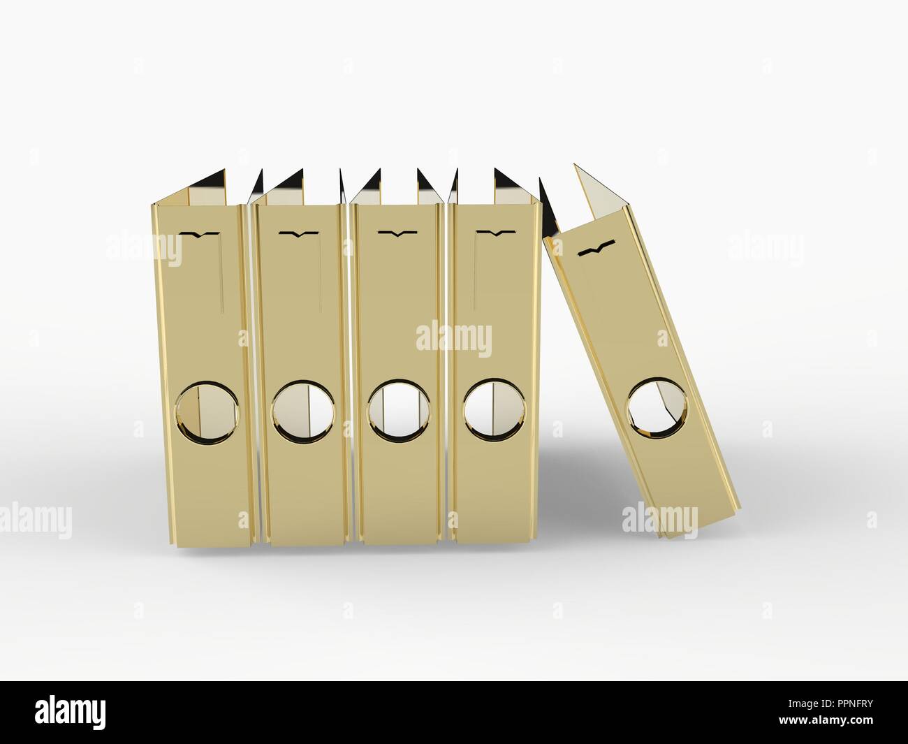 Group of golden ring binders 3D rendering Isolated on a white ...