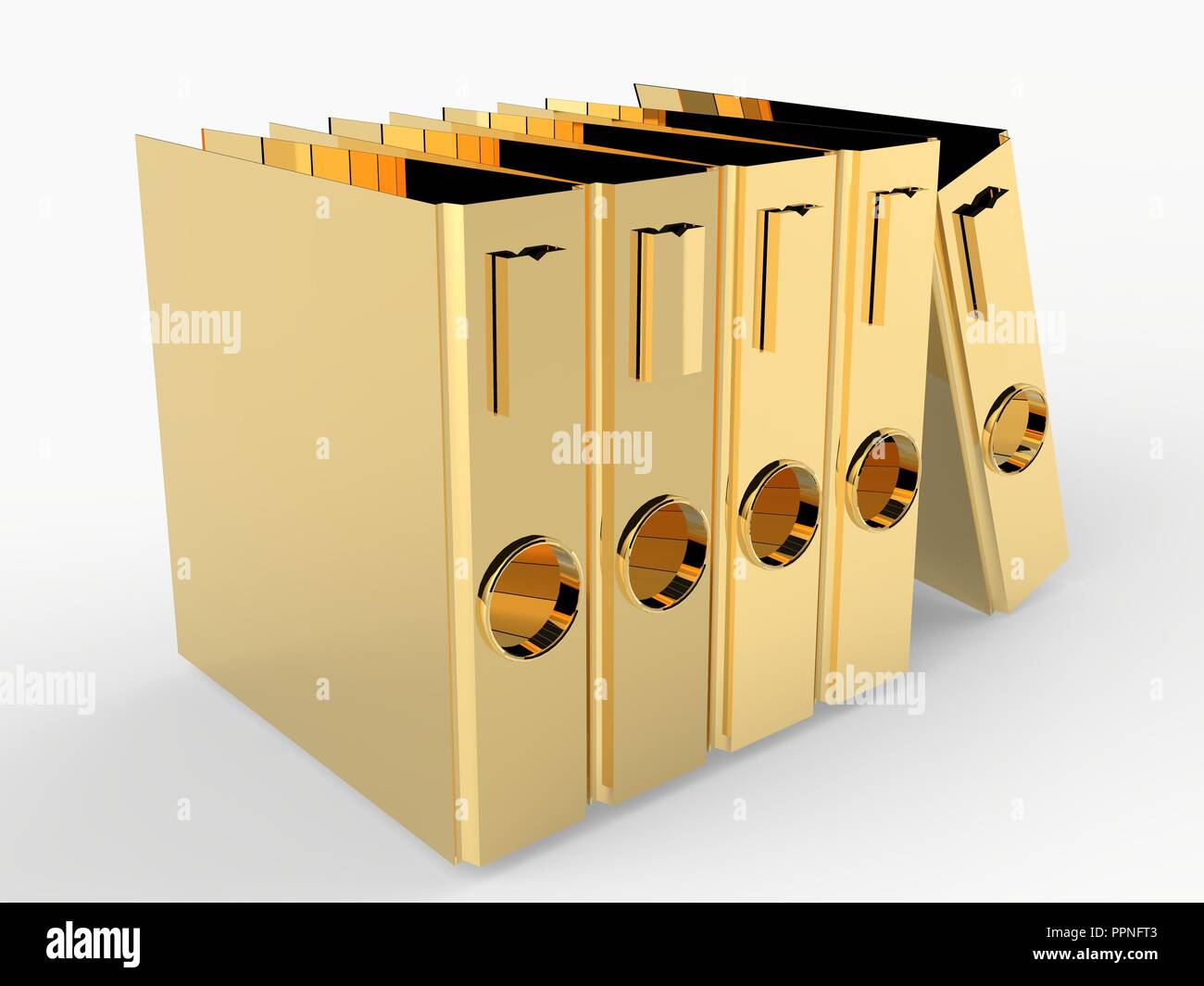 Group of golden ring binders 3D rendering Isolated on a white ...