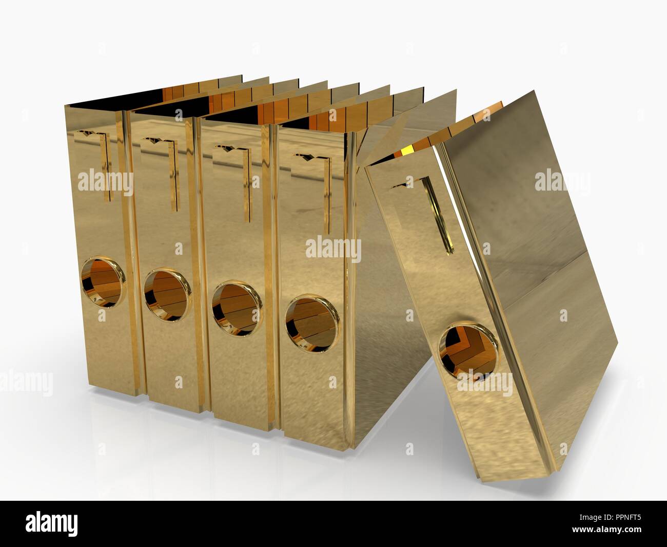 Group of golden ring binders 3D rendering Isolated on a white ...