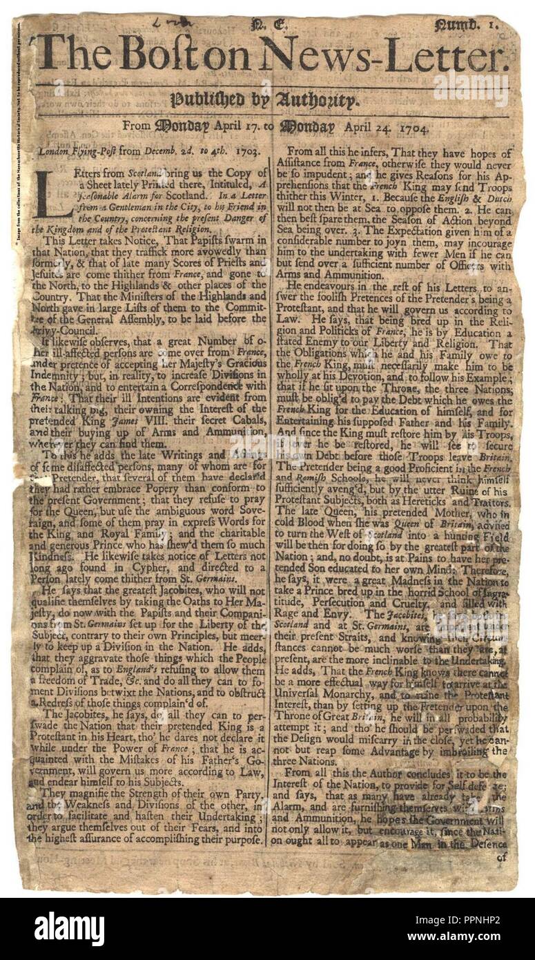 Boston News-Letter (first issue Stock Photo - Alamy