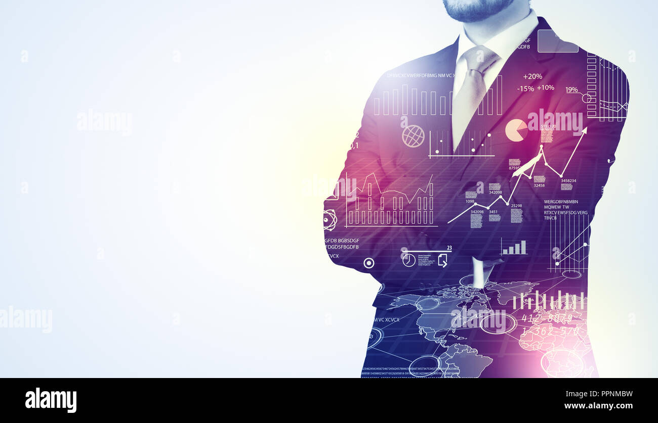 Leader man standing and thinking with graphs, charts, diagrams on the ...