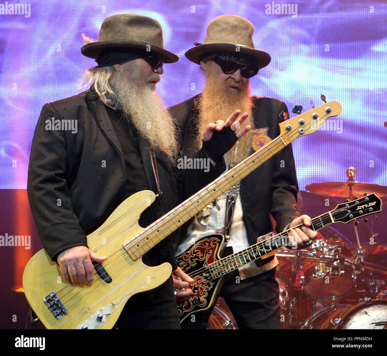 Dusty Hill (L) and Billy Gibbons (R) with ZZ Top perform in concert at ...