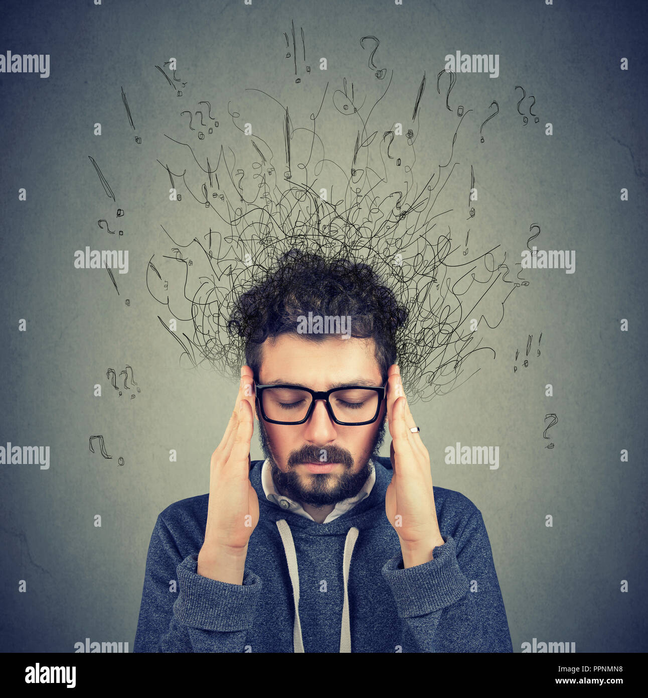 Closeup sad young man with worried stressed face expression and brain ...