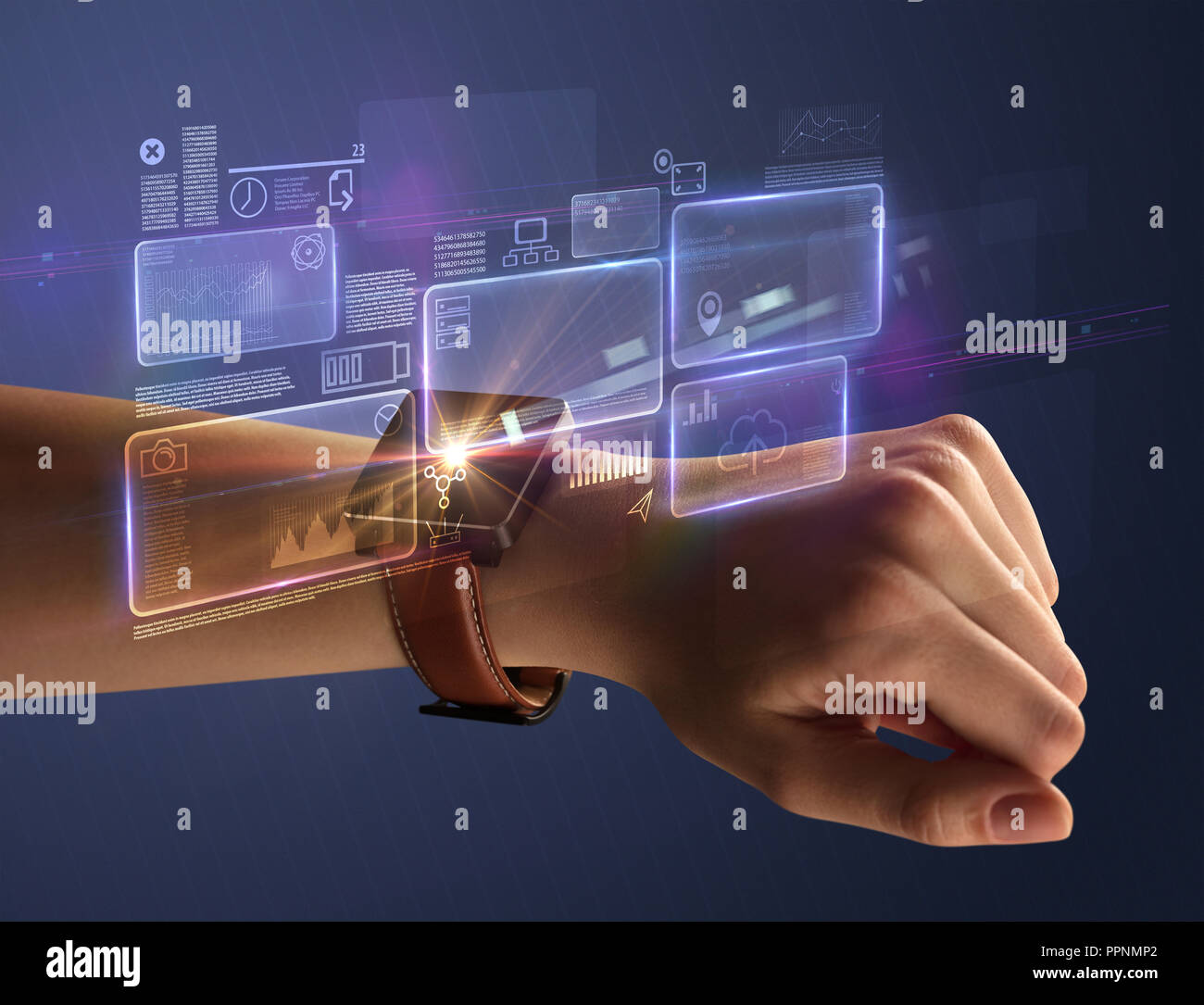 Female hand wearing smartwatch with statement labels around and dark ...